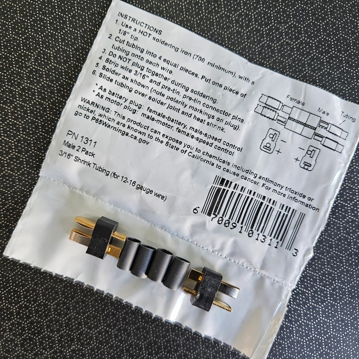 Deans Ultra Plug® Male Set, Black, High Temp, 12-16AWG, Male Only Pair