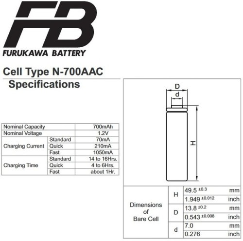 N-700-AAC 700mAh AA NiCad Single Cell Button End